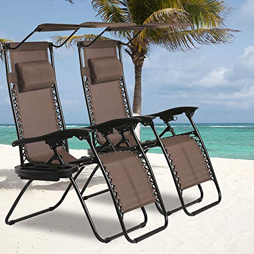 Zero Gravity Chairs, Folding Lounge Seat Recliner Beach Chair with Cup Holder Tray and Pillow Canopy for Pool Side Indoor Outdoor Patio Yard Beach- 2Pack (Brown)