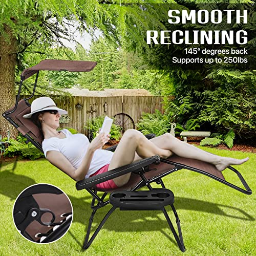 Zero Gravity Chairs, Folding Lounge Seat Recliner Beach Chair with Cup Holder Tray and Pillow Canopy for Pool Side Indoor Outdoor Patio Yard Beach- 2Pack (Brown)