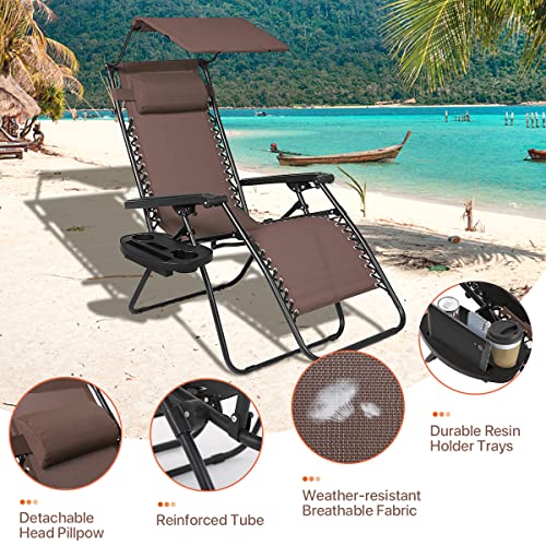 Zero Gravity Chairs, Folding Lounge Seat Recliner Beach Chair with Cup Holder Tray and Pillow Canopy for Pool Side Indoor Outdoor Patio Yard Beach- 2Pack (Brown)