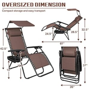 Zero Gravity Chairs, Folding Lounge Seat Recliner Beach Chair with Cup Holder Tray and Pillow Canopy for Pool Side Indoor Outdoor Patio Yard Beach- 2Pack (Brown)