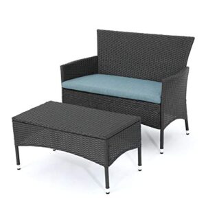 christopher knight home malta outdoor wicker loveseat and coffee table set with water resistant cushions, grey / teal cushion