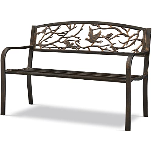 Topeakmart 50in Steel Garden Bench Outdoor Metal Benches, with Backrest and Armrest, Antique Metal Bench Patio Furniture for Yard Porch Path Work Entryway