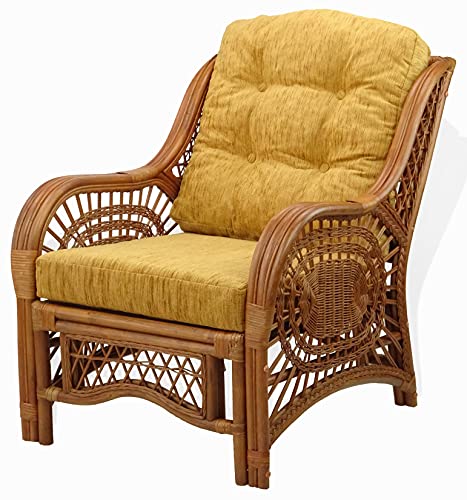 SK New Interiors Malibu Lounge Living Accent Armchair Natural Rattan Wicker Handmade Design with Light Brown Cushion, Colonial