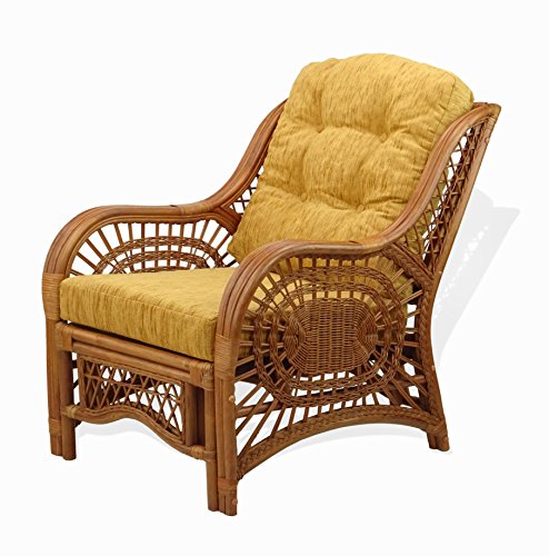 SK New Interiors Malibu Lounge Living Accent Armchair Natural Rattan Wicker Handmade Design with Light Brown Cushion, Colonial