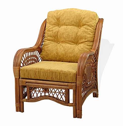 SK New Interiors Malibu Lounge Living Accent Armchair Natural Rattan Wicker Handmade Design with Light Brown Cushion, Colonial