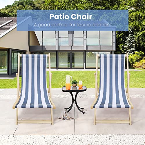 Recaceik Outdoor Patio Sling Chair Portable Folding Lounge Reclining with Stripes Adjustable Lawn Seat for Garden, Swimming Pool and Beach, Populus Wood