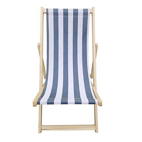 Recaceik Outdoor Patio Sling Chair Portable Folding Lounge Reclining with Stripes Adjustable Lawn Seat for Garden, Swimming Pool and Beach, Populus Wood