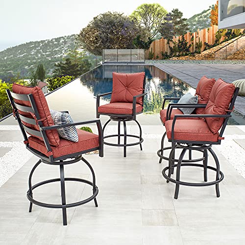 LOKATSE HOME Outdoor Swivel Bistro Chairs Patio Metal Furniture Height Bar Stool with Cushion, Set of 4, Red