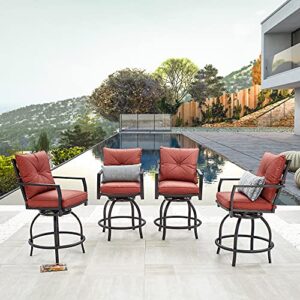 LOKATSE HOME Outdoor Swivel Bistro Chairs Patio Metal Furniture Height Bar Stool with Cushion, Set of 4, Red