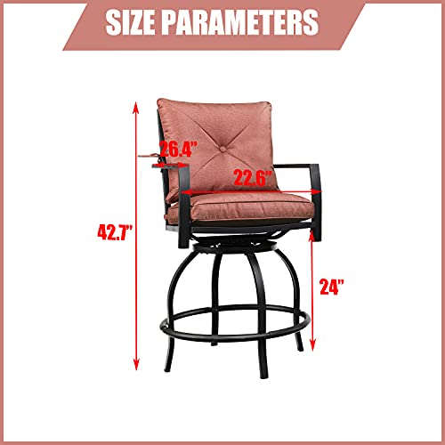 LOKATSE HOME Outdoor Swivel Bistro Chairs Patio Metal Furniture Height Bar Stool with Cushion, Set of 4, Red