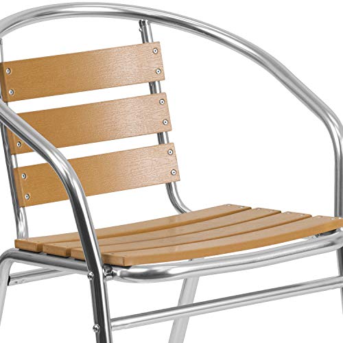 Flash Furniture Commercial Aluminum Indoor-Outdoor Restaurant Stack Chair with Triple Slat Faux Teak Back