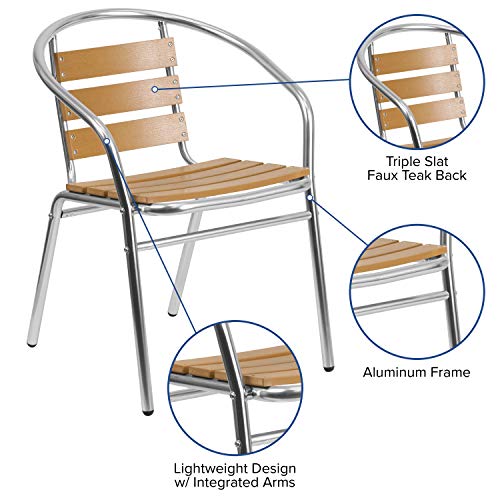 Flash Furniture Commercial Aluminum Indoor-Outdoor Restaurant Stack Chair with Triple Slat Faux Teak Back