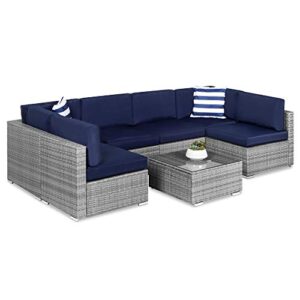 best choice products 7-piece modular outdoor sectional wicker patio furniture conversation sofa set w/ 6 chairs, 2 pillows, seat clips, coffee table, cover included – gray/navy