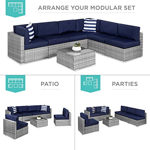 Best Choice Products 7-Piece Modular Outdoor Sectional Wicker Patio Furniture Conversation Sofa Set w/ 6 Chairs, 2 Pillows, Seat Clips, Coffee Table, Cover Included - Gray/Navy