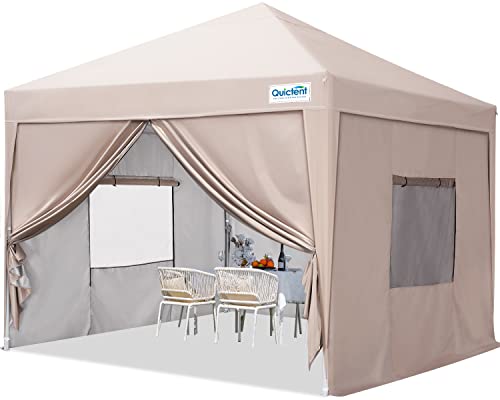 Quictent Privacy 10’x10’ Pop up Canopy Tent Enclosed Instant Gazebo Shelter with Sidewalls and Mesh Windows Waterproof (Beige)