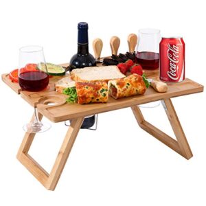 ollieroo portable picnic table for wine and glass, outdoor wooden foldable champagne picnic table, bamboo snack & cheese tray for indoor/outdoor