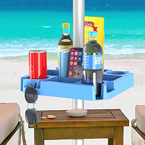 Keten 16" Beach Umbrella Table Tray with 4 Cup Holders, 4 Snack Compartments, 4 Sunglasses Holes, 4 Phone Slots, Umbrella Table for Beach, Patio, Garden, Swimming Pool