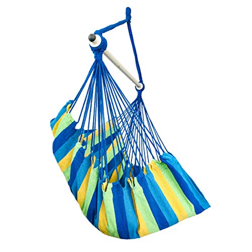 Highwild Hammock Chair Hanging Rope Swing - Max 500 Lbs - Steel Spreader Bar with Anti-Slip Rings - for Any Indoor or Outdoor Spaces (Blue Striped)