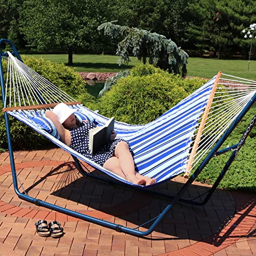 Sunnydaze Outdoor Quilted Fabric Hammock - Two-Person with Spreader Bars - Heavy-Duty 450-Pound Capacity - Catalina Beach