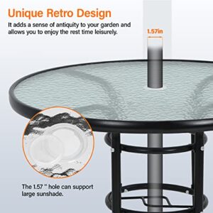 FDW Outdoor Table Patio Table Dining Table with Tempered Glass Umbrella Hole for Lawn Balcony, Yard (Round)