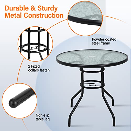 FDW Outdoor Table Patio Table Dining Table with Tempered Glass Umbrella Hole for Lawn Balcony, Yard (Round)