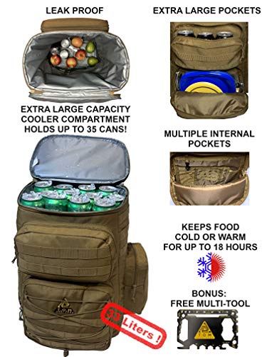 Cooler Backpack, Tactical, Insulated. Heavy Duty, Extra Large for Hiking, Camping, Day Trips, Beach. Bonus, Credit Card Multi Tool Included (Charcoal Grey)