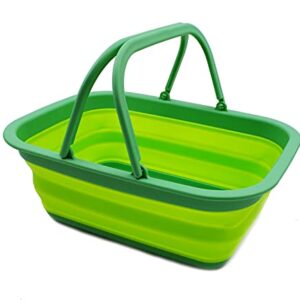 SAMMART 9.2L (2.37Gallon) Collapsible Tub with Handle - Portable Outdoor Picnic Basket/Crater - Foldable Shopping Bag - Space Saving Storage Container (1, Dark Green/Fluorescent Green)