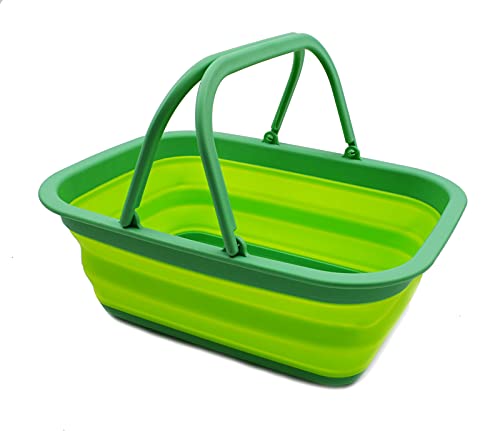 SAMMART 9.2L (2.37Gallon) Collapsible Tub with Handle - Portable Outdoor Picnic Basket/Crater - Foldable Shopping Bag - Space Saving Storage Container (1, Dark Green/Fluorescent Green)