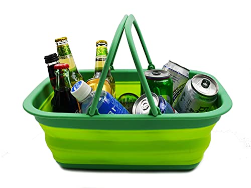 SAMMART 9.2L (2.37Gallon) Collapsible Tub with Handle - Portable Outdoor Picnic Basket/Crater - Foldable Shopping Bag - Space Saving Storage Container (1, Dark Green/Fluorescent Green)