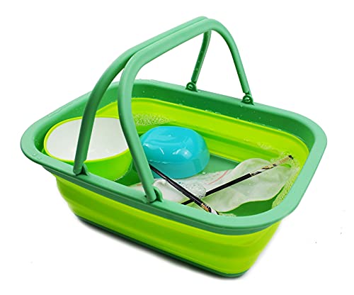 SAMMART 9.2L (2.37Gallon) Collapsible Tub with Handle - Portable Outdoor Picnic Basket/Crater - Foldable Shopping Bag - Space Saving Storage Container (1, Dark Green/Fluorescent Green)