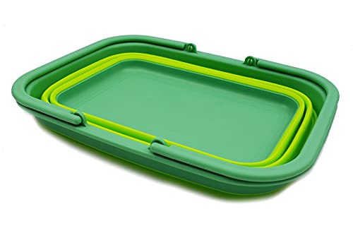 SAMMART 9.2L (2.37Gallon) Collapsible Tub with Handle - Portable Outdoor Picnic Basket/Crater - Foldable Shopping Bag - Space Saving Storage Container (1, Dark Green/Fluorescent Green)