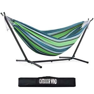 outdoor wind 550lbs capacity double hammock adjustable hammock bed with 10ft heavy duty steel stand includes portable carrying case, easy set up