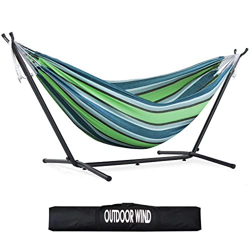 OUTDOOR WIND 550lbs Capacity Double Hammock Adjustable Hammock Bed with 10ft Heavy Duty Steel Stand Includes Portable Carrying Case, Easy Set up