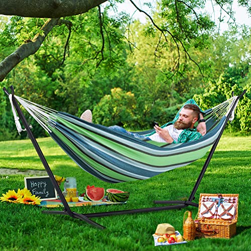 OUTDOOR WIND 550lbs Capacity Double Hammock Adjustable Hammock Bed with 10ft Heavy Duty Steel Stand Includes Portable Carrying Case, Easy Set up