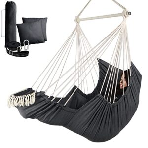 chihee hammock chair hanging swing 2 seat pillows included,durable spreader bar soft cotton weave hanging chair side pocket large tassel chair set foot rest support calf foot extra comfortable