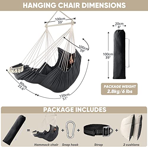 Chihee Hammock Chair Hanging Swing 2 Seat Pillows Included,Durable Spreader Bar Soft Cotton Weave Hanging Chair Side Pocket Large Tassel Chair Set Foot Rest Support Calf Foot Extra Comfortable