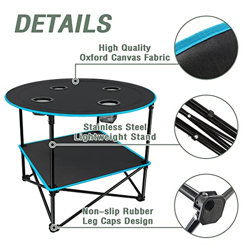 LESES Folding Camping Table Portable Picnic Table Tailgating Table with 4 Cup Holders and Storage Bag for Fishing，Beach，Outdoors，Picnic and Hiking (Black&Blue)