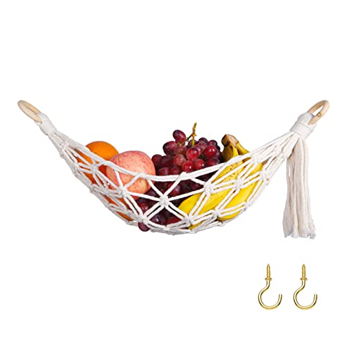 DEWECHO Macrame Fruit Hammock Under Cabinet - Banana Hammock for Boho Kitchen Decor - Hanging Fruit Hammock to Store All Your Produce in Small Places - Kitchen Storage Ideas also for RV