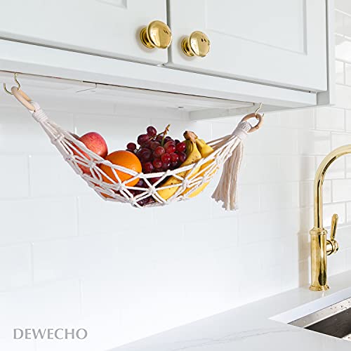 DEWECHO Macrame Fruit Hammock Under Cabinet - Banana Hammock for Boho Kitchen Decor - Hanging Fruit Hammock to Store All Your Produce in Small Places - Kitchen Storage Ideas also for RV