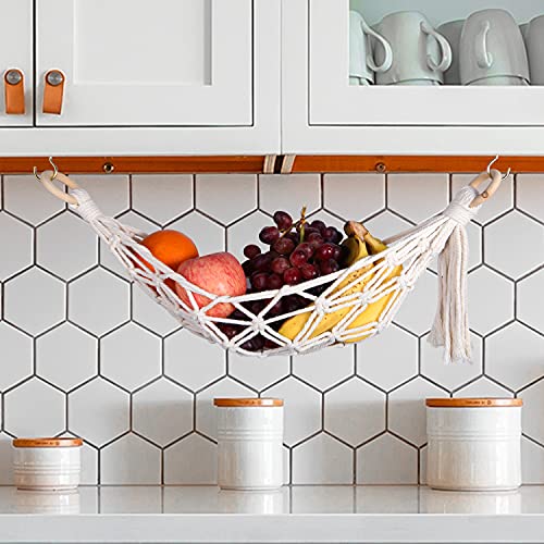 DEWECHO Macrame Fruit Hammock Under Cabinet - Banana Hammock for Boho Kitchen Decor - Hanging Fruit Hammock to Store All Your Produce in Small Places - Kitchen Storage Ideas also for RV