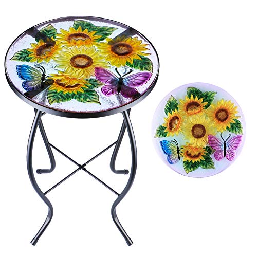 MUMTOP Patio Side Table Outdoor End Table Plant Stand 14’’ Round Accent Table Mosaic Glass Metal Side Table Sunflower Garden, Balcony Indoor Coffee Table…