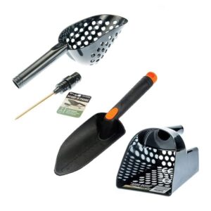 sluice monkey metal detecting plastic black sand scoop, hand trowel, super scooper, and brass probe