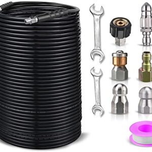 Sewer Jetter kit for Pressure Washer, 200 feet Hose, 1/4 Inch Drain Cleaning Hose,Button Nose & Rotating Sewer Jetting Nozzle,Sewer Jet kit for Pressure Washer,Jetter Hose, 4.5, 5.5, 4000 PSI (Black)