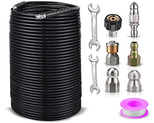 Sewer Jetter kit for Pressure Washer, 200 feet Hose, 1/4 Inch Drain Cleaning Hose,Button Nose & Rotating Sewer Jetting Nozzle,Sewer Jet kit for Pressure Washer,Jetter Hose, 4.5, 5.5, 4000 PSI (Black)