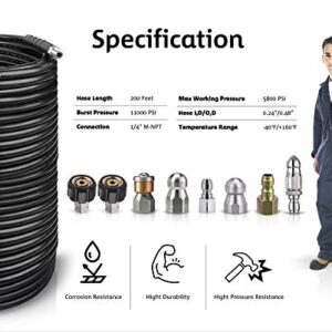 Sewer Jetter kit for Pressure Washer, 200 feet Hose, 1/4 Inch Drain Cleaning Hose,Button Nose & Rotating Sewer Jetting Nozzle,Sewer Jet kit for Pressure Washer,Jetter Hose, 4.5, 5.5, 4000 PSI (Black)