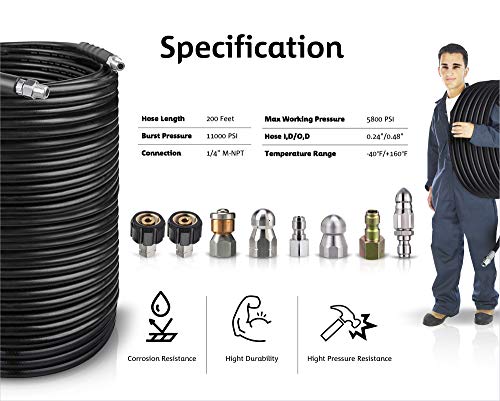 Sewer Jetter kit for Pressure Washer, 200 feet Hose, 1/4 Inch Drain Cleaning Hose,Button Nose & Rotating Sewer Jetting Nozzle,Sewer Jet kit for Pressure Washer,Jetter Hose, 4.5, 5.5, 4000 PSI (Black)