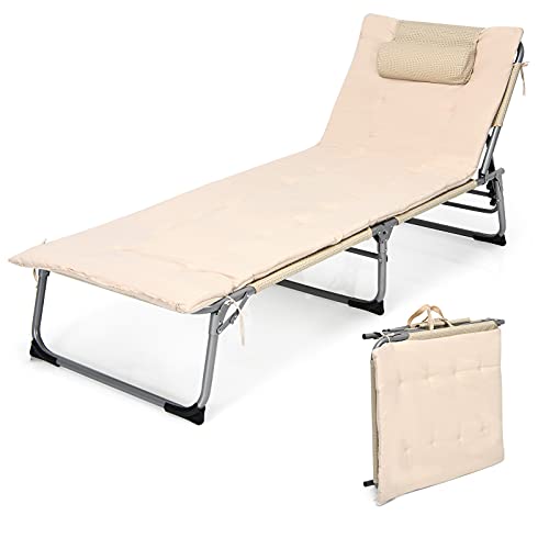 Tangkula 4-Position Folding Chaise Lounge Chair, Tri-Fold Portable Chaise Lounge Chair with Mattress, Pillow, Side Pocket, 330 LBS Reclining Lounge Chair for Beach, Home, Pool, Camping (1, Beige)