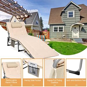 Tangkula 4-Position Folding Chaise Lounge Chair, Tri-Fold Portable Chaise Lounge Chair with Mattress, Pillow, Side Pocket, 330 LBS Reclining Lounge Chair for Beach, Home, Pool, Camping (1, Beige)