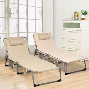 Tangkula 4-Position Folding Chaise Lounge Chair, Tri-Fold Portable Chaise Lounge Chair with Mattress, Pillow, Side Pocket, 330 LBS Reclining Lounge Chair for Beach, Home, Pool, Camping (1, Beige)