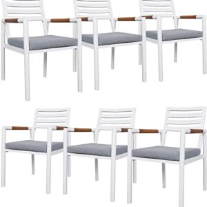 JP Outdoor Patio Dining Chair Set of 6, White Stackable Cast Aluminum Armchair with Grey Cushion, for Indoor Living Room or Outdoor Lawn, Garden, Courtyard, Bistro